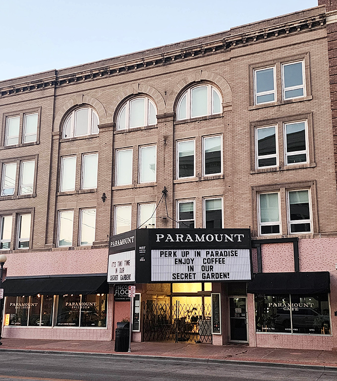 The Paramount's historic theater marquee gives your breakfast a touch of Hollywood glamour. Expect your eggs to make a grand entrance!