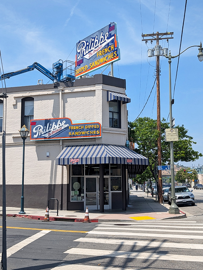 Philippe's corner building with its vintage sign - a sandwich time machine in downtown Los Angeles.
