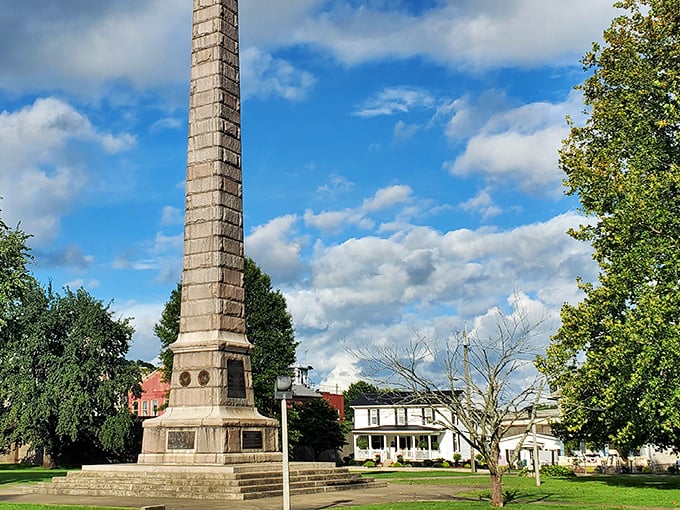 This towering monument reaches skyward like a stone exclamation point. History stands tall against that perfect West Virginia blue sky.