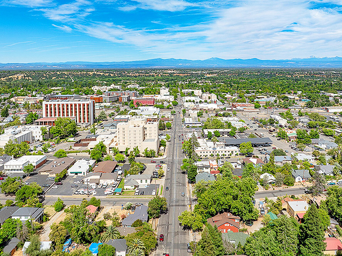Redding's downtown skyline features the distinctive Cascade Theatre, its vertical sign a landmark for generations of moviegoers.