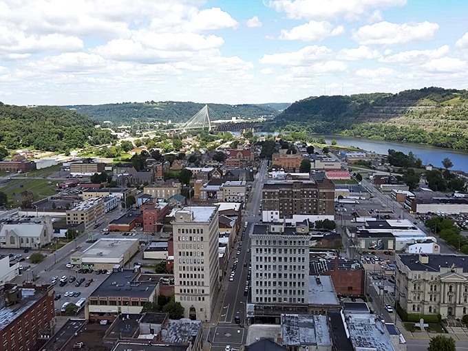 A panoramic view of Steubenville reveals its picturesque setting along the Ohio River, offering retirees natural beauty on a budget.