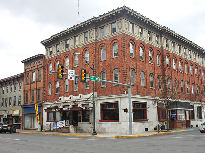 The historic Hotel Edison in Sunbury stands proudly on the corner, a brick testament to small-town Pennsylvania charm that's weathered decades of change.