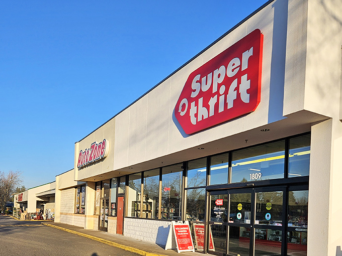 SuperThrift Oregon City's clean lines and bright signage stand out like a retail oasis. No dusty corners in this thrifting paradise!