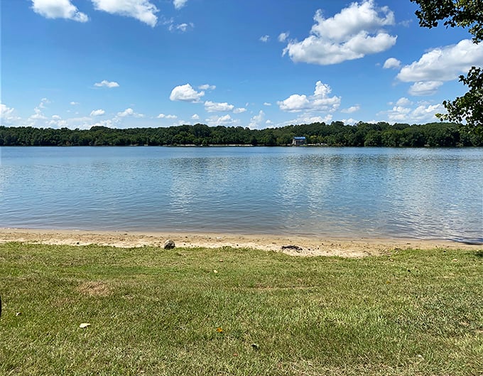 Talucah Beach offers lake waters so calm they mirror the sky. Double the blue, double the tranquility.