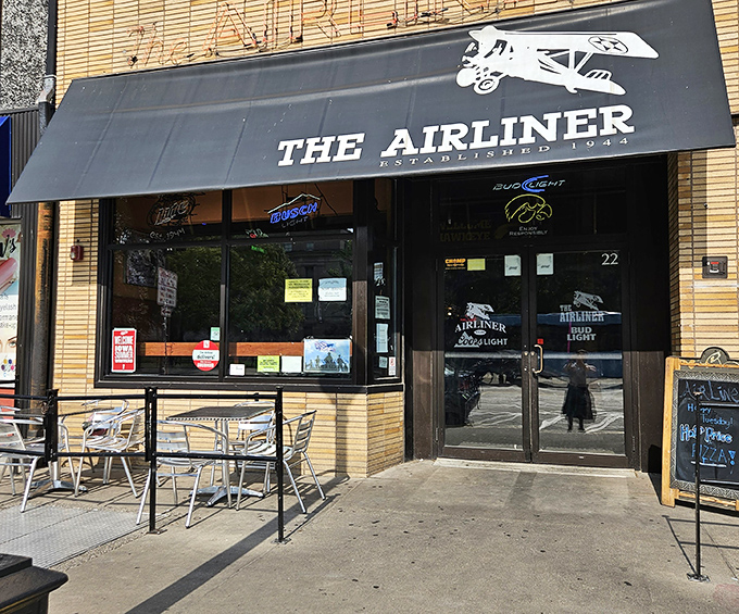 The Airliner's iconic storefront stands proudly in Iowa City, a beacon for pizza lovers since 1944.