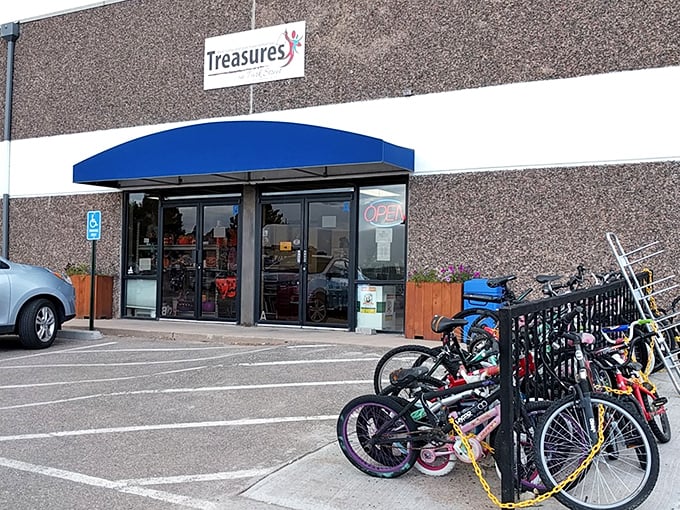 Treasures Thrift lives up to its name with a welcoming entrance. Even the bikes are lined up waiting for new adventures!