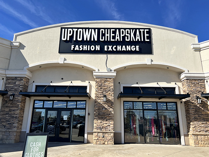 Uptown Cheapskate's stone facade and stylish signage hint at the boutique experience waiting inside. Secondhand never looked so first-class!