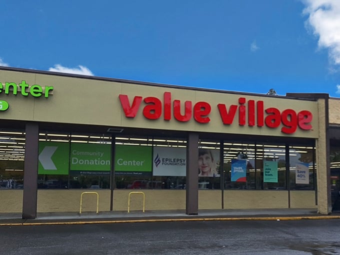 Value Village's bright signage cuts through cloudy Oregon days like a beacon of bargain-hunting hope.