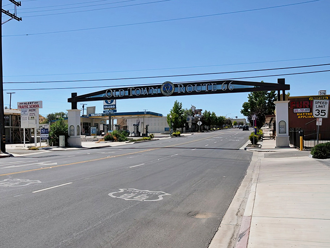 Victorville's Route 66 arch welcomes travelers to Old Town &ndash; where nostalgia flows as freely as the coffee at the local diner.