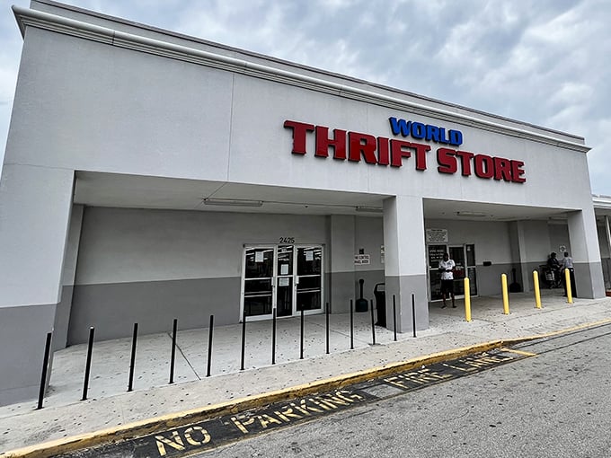 World Thrift's imposing entrance means business&mdash;serious bargain business. Those yellow poles stand guard over a kingdom of secondhand treasures.