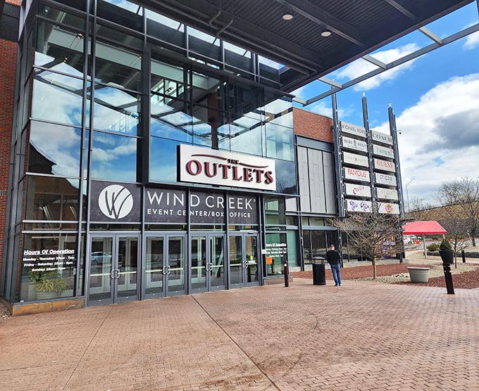 The sleek, modern entrance to Wind Creek Outlets promises an upscale bargain-hunting experience in historic Bethlehem.