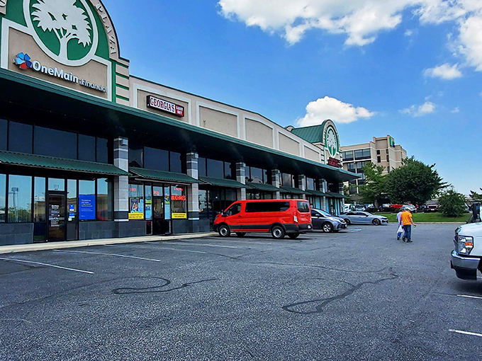 Aberdeen's shopping center under blue skies. Even the parking lots seem friendlier in small-town Maryland.