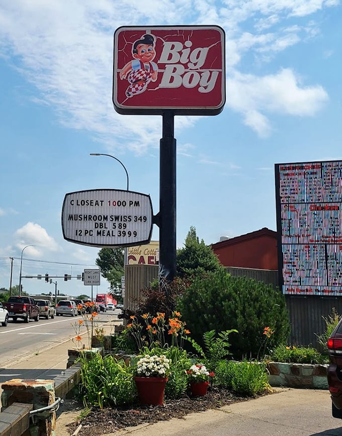 Big Boy's classic sign against blue skies &ndash; a North Dakota landmark that's seen countless hungry smiles.