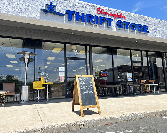 That sidewalk sign promising discounts is like a trail marker on your journey to incredible secondhand finds.