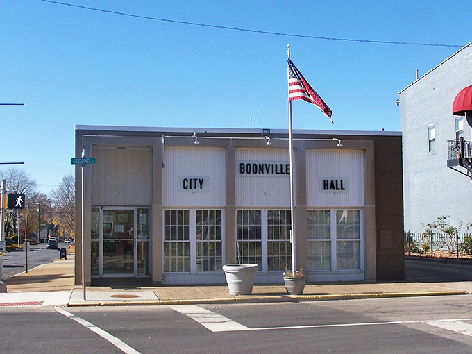 Boonville's modest City Hall reflects the town's practical approach to governance and affordable living.