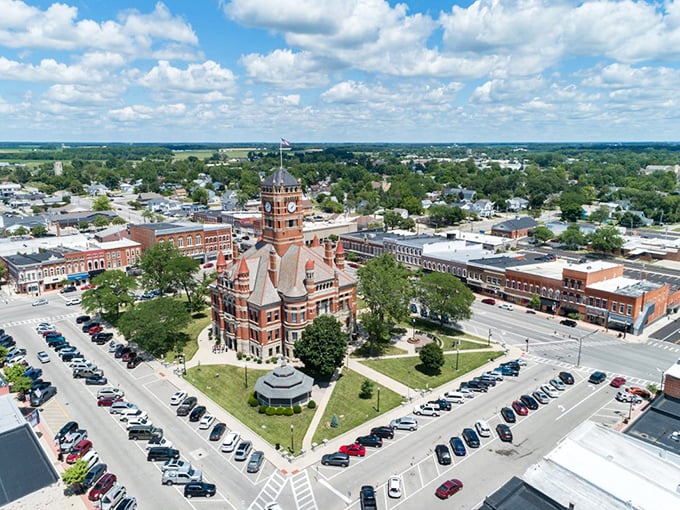 Bird's-eye view reveals a courthouse square surrounded by the kind of affordability dreams are made of.