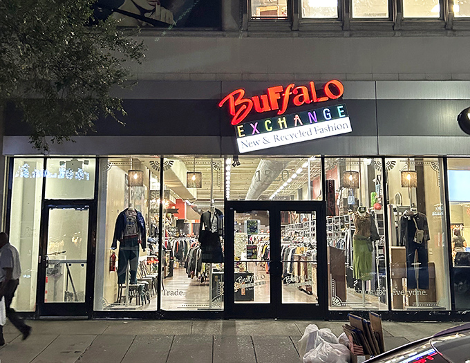Night or day, Buffalo Exchange's glowing storefront promises curated fashion finds that won't break the bank.