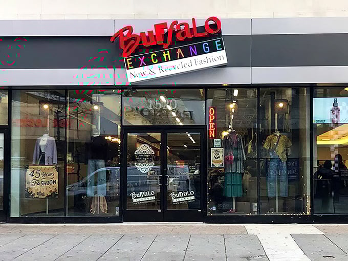 The neon-red Buffalo Exchange sign promises vintage finds that won't make you look like you're wearing a costume.