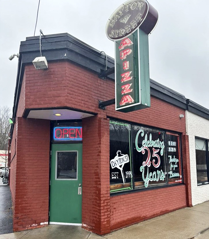 The vintage sign at Dayton Street Apizza celebrates 25 years of crust perfection. That red brick exterior has witnessed countless pizza epiphanies.