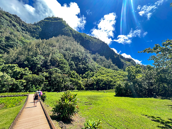 A wooden boardwalk invites visitors to explore Hā'ena State Park's verdant valley, with majestic Ko'olau mountains standing guard overhead.