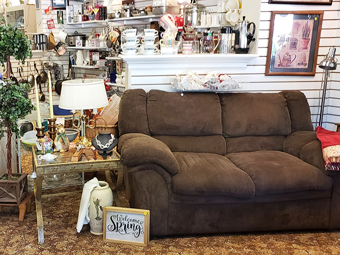 That cozy furniture arrangement proves one person's donated couch could become your living room's perfect centerpiece.
