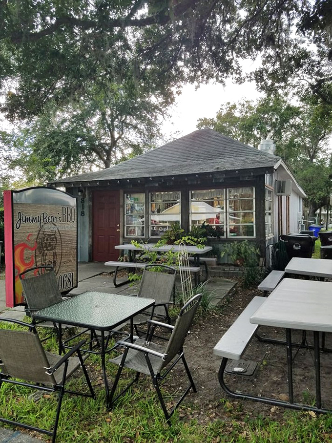 Picnic tables await happy diners at Jimmy Bear's. This humble St. Cloud spot proves great barbecue needs no fancy setting.