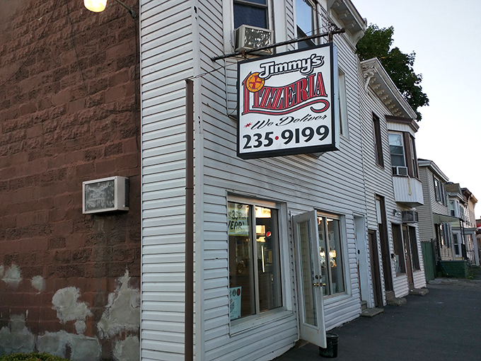 Jimmy's Pizzeria: Classic white clapboard and a straightforward sign - like the pizza equivalent of a handwritten letter in the age of emails.