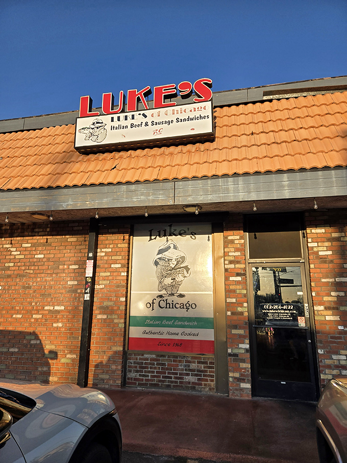 The Italian flag colors on the signage hint at the authentic Chicago-style flavors waiting inside this beloved spot.