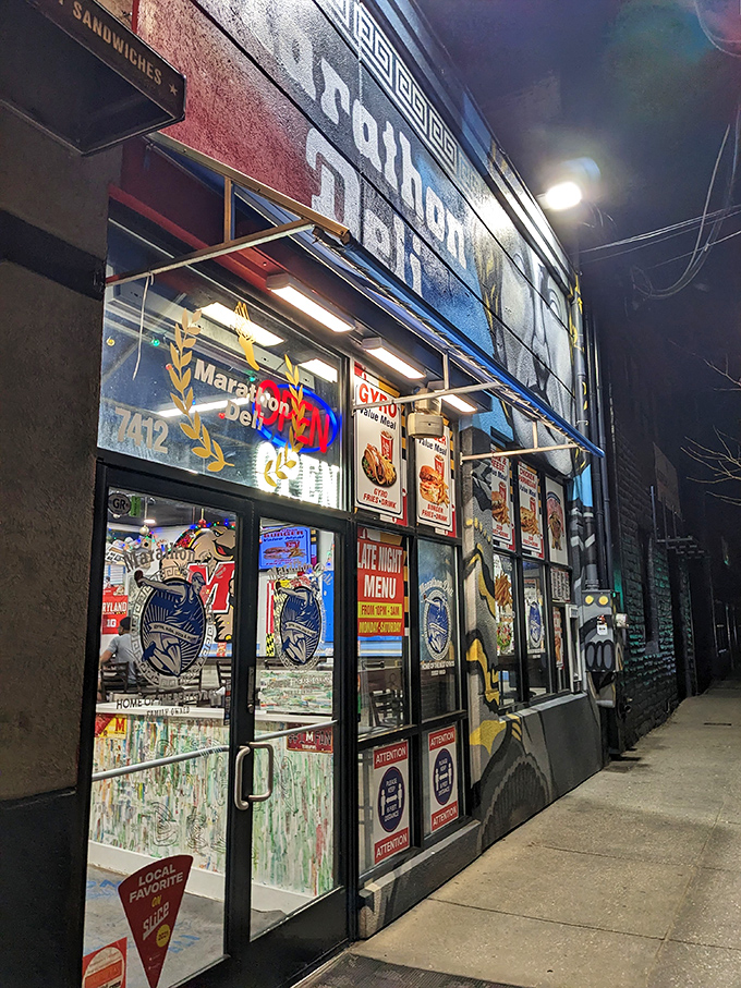 The entrance to Marathon Deli promises Greek-inspired delights. Where college memories are made, one gyro at a time.