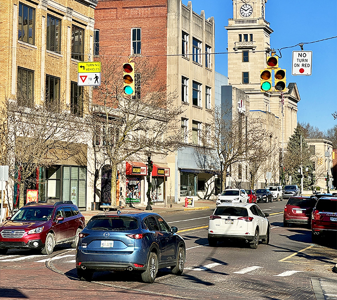 The heart of Marietta beats with small-town rhythm. Traffic lights sway gently above streets where nobody's in too much of a hurry.
