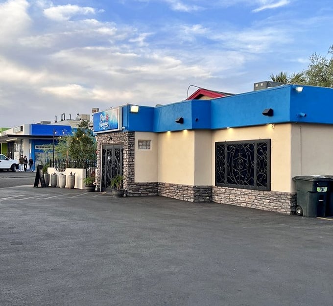 A desert oasis of Mexican seafood awaits at Playa Hermosa. The bright blue building signals a departure from the ordinary into a world of aguachiles and mariscos.