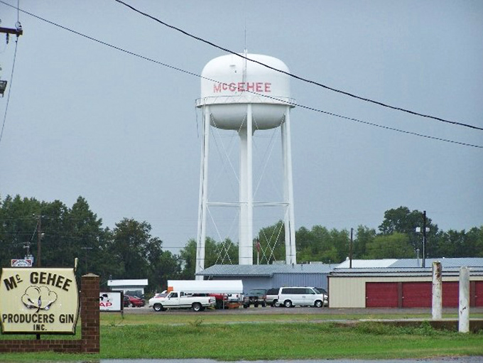 McGehee's water tower stands tall over farmland, symbolizing this town's commitment to keeping living costs low for everyone.