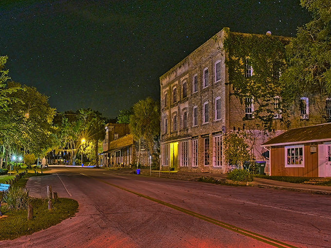 Under the quiet night sky, the brick buildings of Micanopy stand as they have for generations, their weathered facades telling stories of Florida&rsquo;s past.