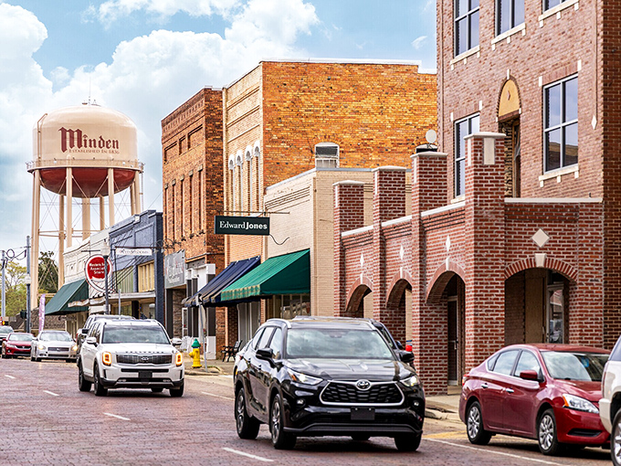 Minden's main street looks like it should be on a postcard labeled "Charming Southern Town." That water tower is an exclamation point!