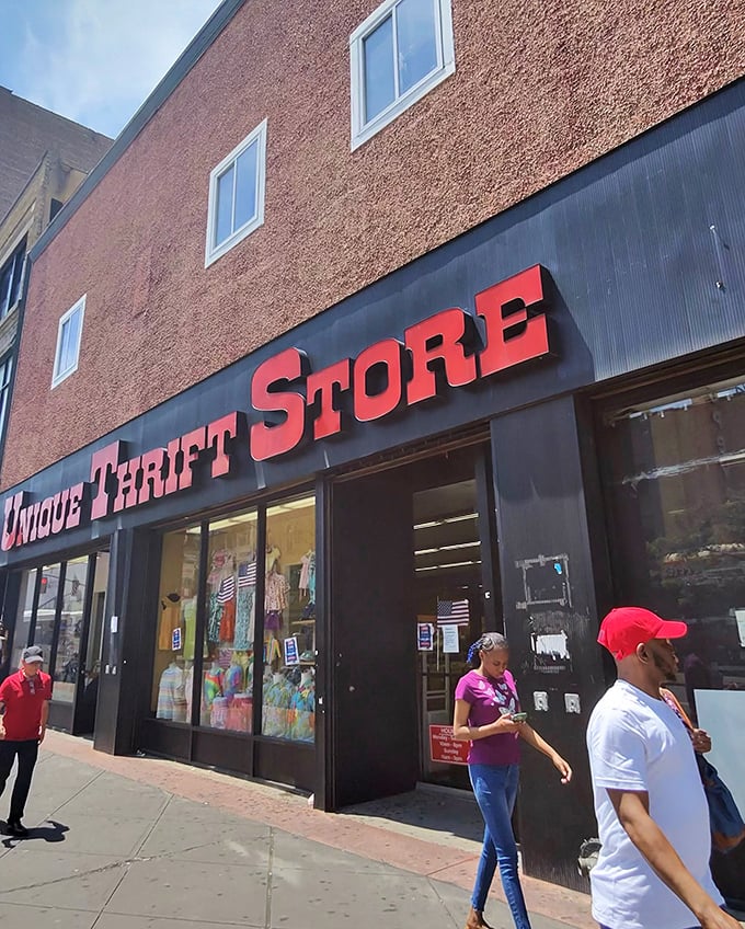 Urban thrifting at its finest! The sidewalk bustle outside matches the treasure-hunting energy within these brick walls.