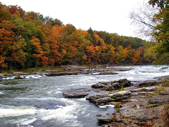 Fall colors frame Ohiopyle's historic mill like a painting come to life. History and nature in perfect harmony.