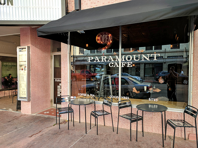 Pink facade, sidewalk seating, and "GOOD VIBES" in the window&mdash;this place understands that breakfast should be both a meal and a mood.