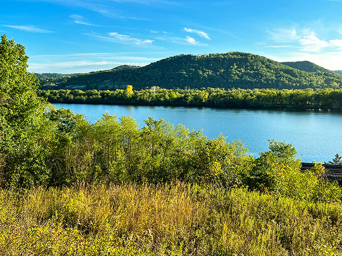 Golden grasses frame this river view like it's ready for the cover of "Midwest Living"&mdash;eat your heart out, coastal elites!