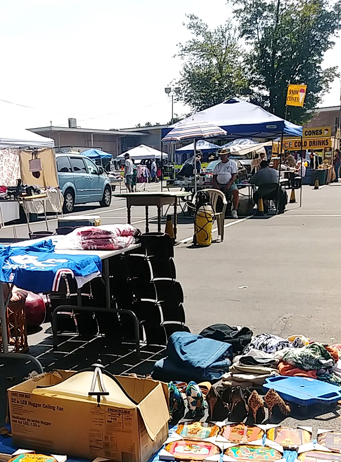 Canopies create a colorful patchwork across the Philadelphia Flea Market landscape. Here, one person's castoffs become another's prized possessions under the watchful Pennsylvania sky.