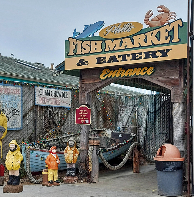 Nautical charm greets you at Phil's Fish Market & Eatery. Where fishing nets and seafood dreams are equally tangled.