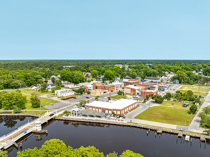 Aerial view of Pocomoke City shows how the river shapes this charming Eastern Shore community. Water and history in perfect harmony!