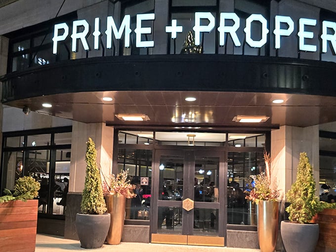 Evening transforms Prime + Proper into a glowing temple of beef, where Detroit's food scene shines brightest.