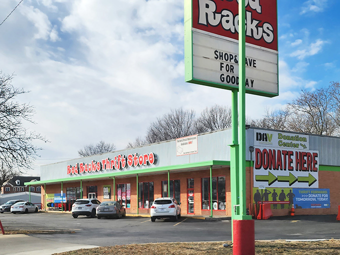 Red Racks on a cloudy day still brightens your shopping experience with deals that'll clear any financial storm.