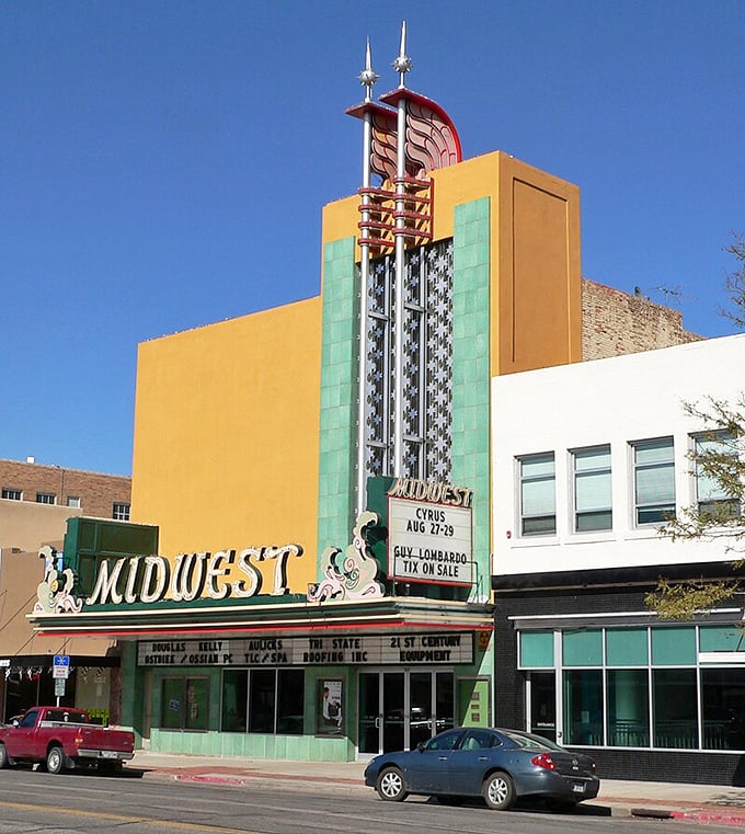 The Midwest Theater's Art Deco facade pops with color, standing proud like a jewel in downtown's crown of history.