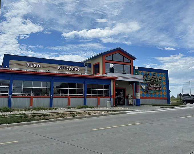 With "Beer" and "Burgers" proudly displayed, Sickies Garage cuts right to the chase&mdash;no mechanic's jargon, just delicious promises.
