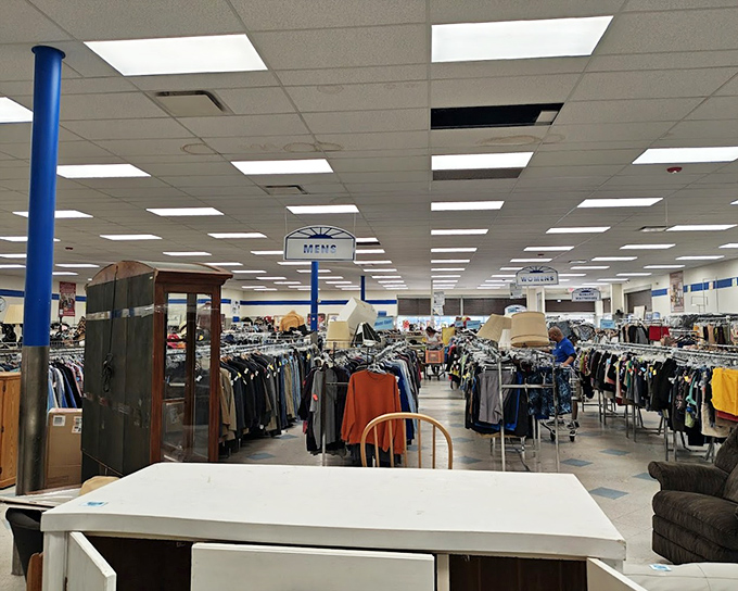 The bright interior transforms secondhand shopping into a department store experience, minus the department store prices.