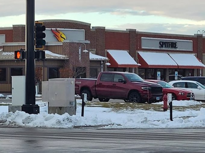 Even covered in snow, Spitfire's exterior promises warmth in the form of perfectly smoked meats waiting inside.