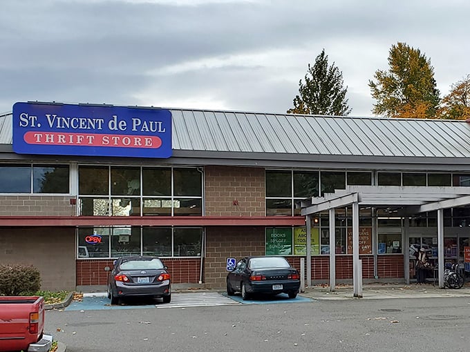 The classic blue and red signage stands out against the cloudy Washington sky&mdash;a thrift landmark in Renton.