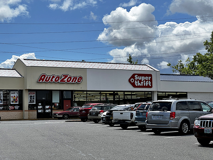 Where AutoZone meets SuperThrift&mdash;a shopping center that covers all your car and cardigan needs in one convenient stop.