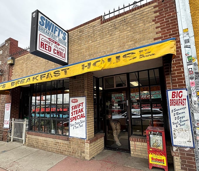 Swift's straightforward storefront promises "Breakfast House" and delivers exactly that. The sign advertising "RED CHILI" tells you what they're proud of.